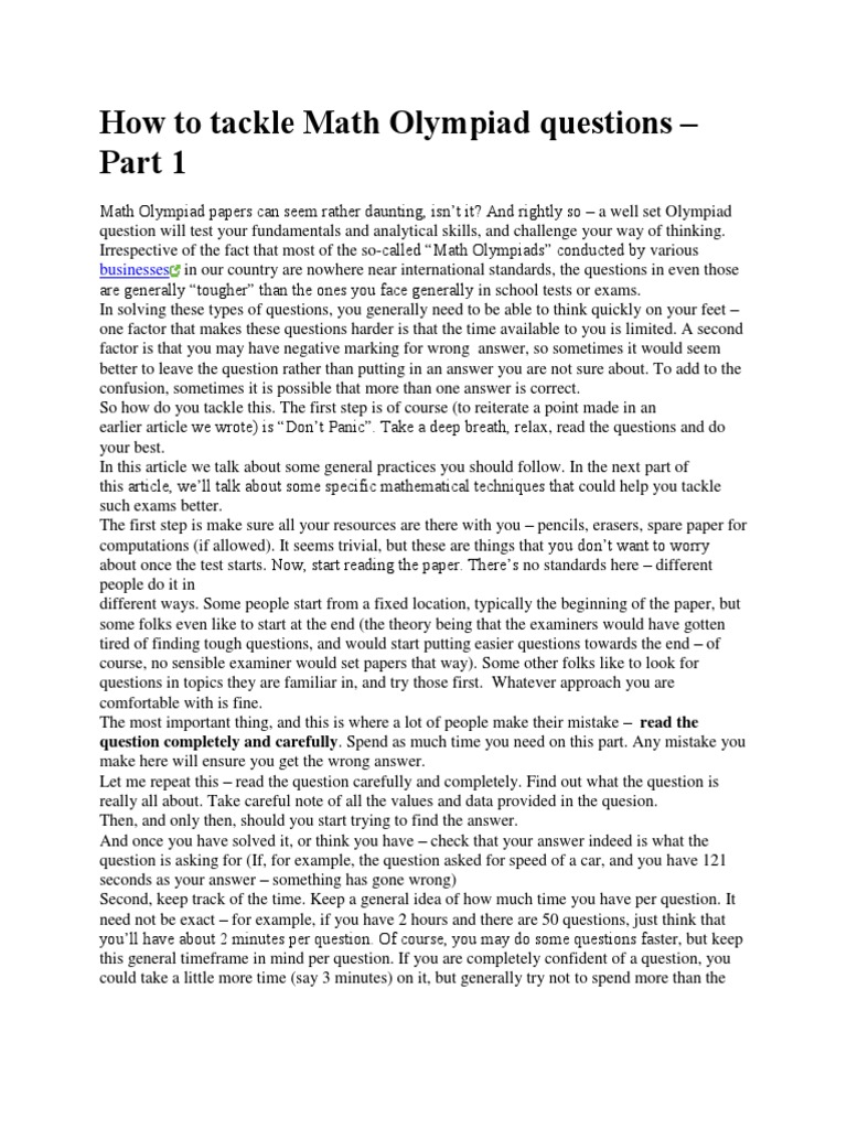 How To Tackle Math Olympiad Questions | PDF | Test (Assessment ...
