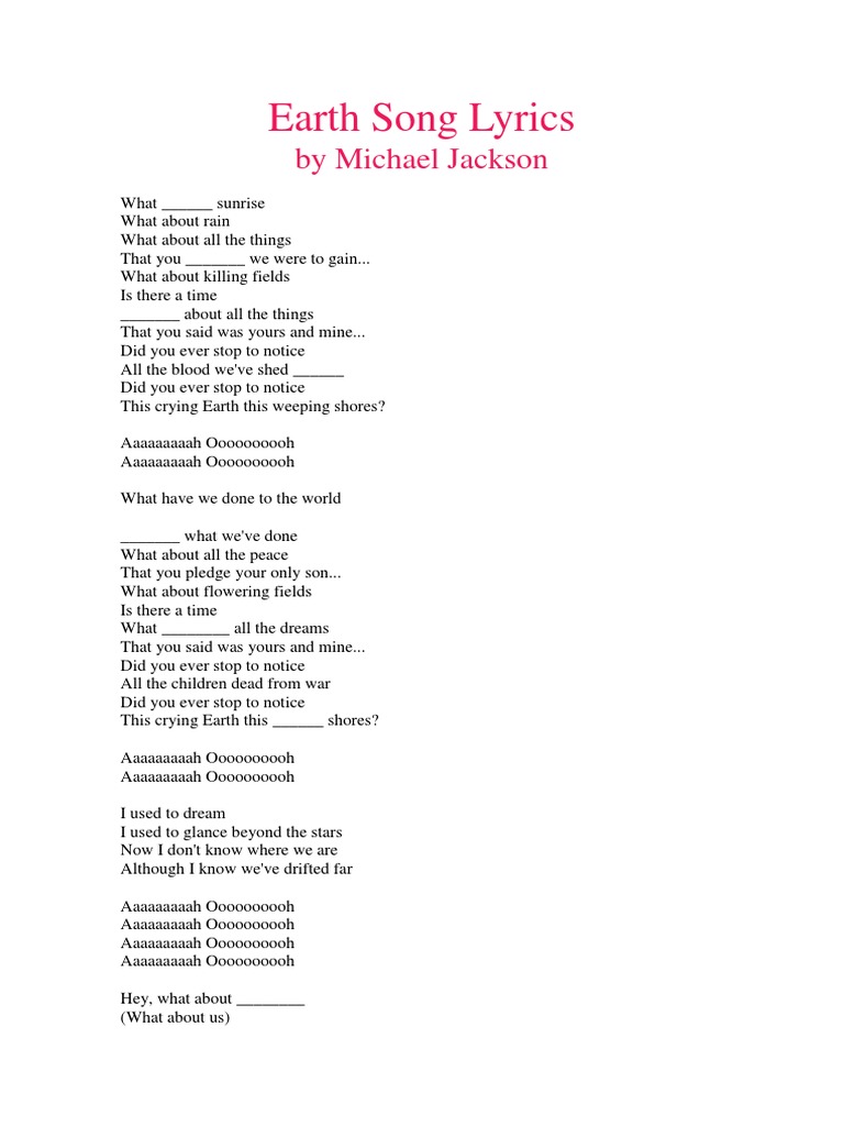Michael Jackson's Earth Song Lyrics | PDF | Language Arts & Discipline ...