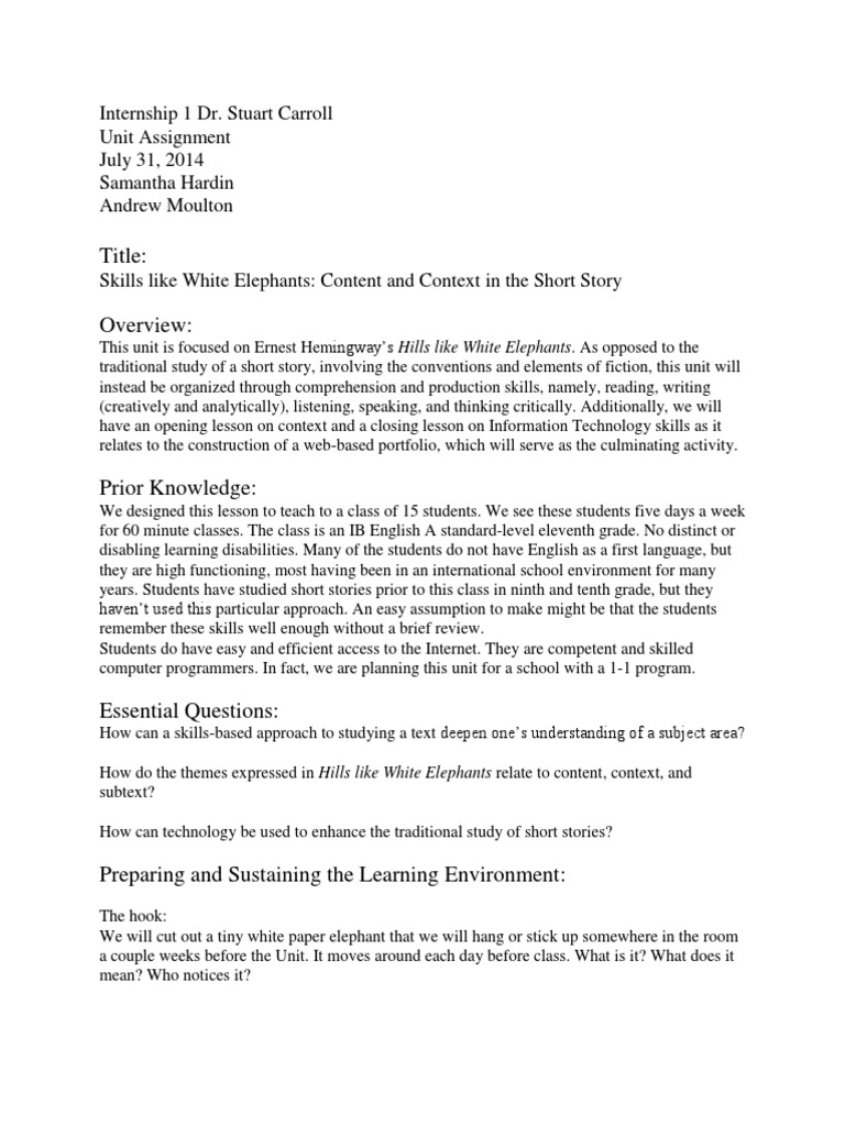 Unit Assignment-Hills Like White Elephants | PDF | Educational ...