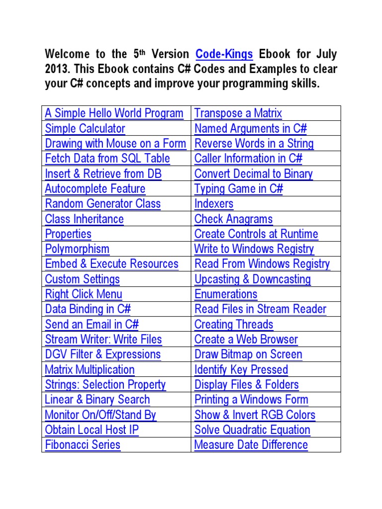 50 .Net C# CSharp Tutorial Programs (Version 5 - July 2013 - Code-Kings ... 50 .Net C# CSharp Tutorial Programs (Version 5 - July 2013 - Code-Kings ...