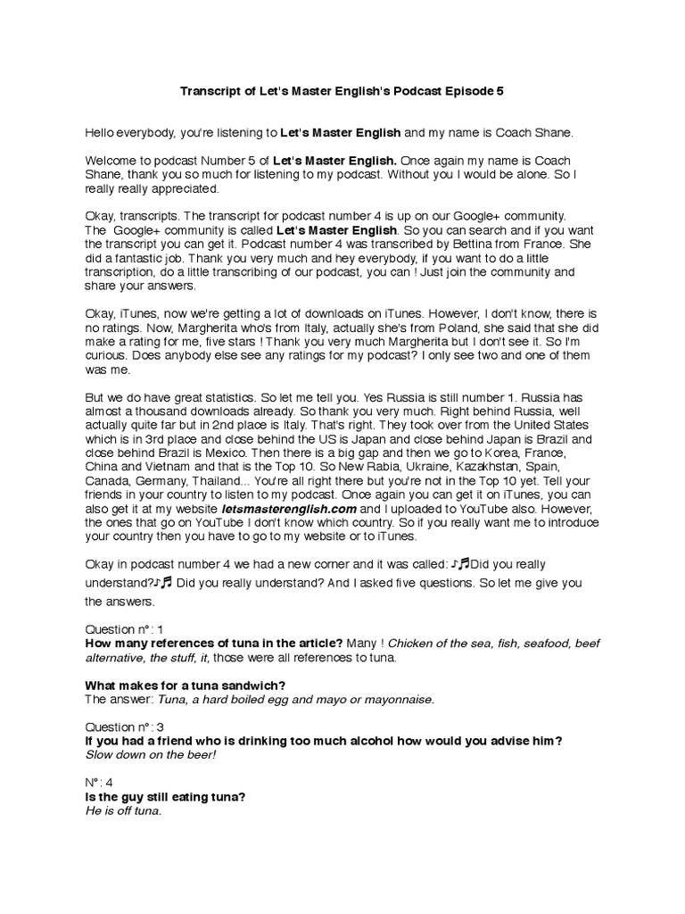 Transcript of Let's Master English's Podcast Episode 5 PDF | PDF ...