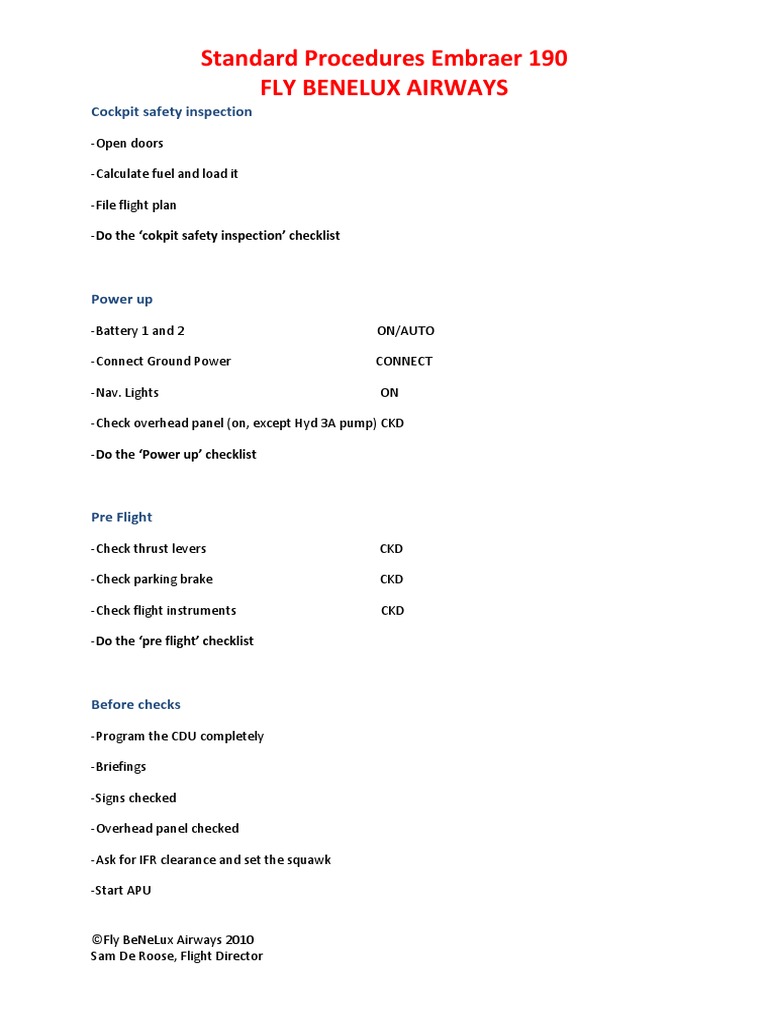 Standard Procedures Embraer 190 PDF | PDF | Cockpit | Transport ...