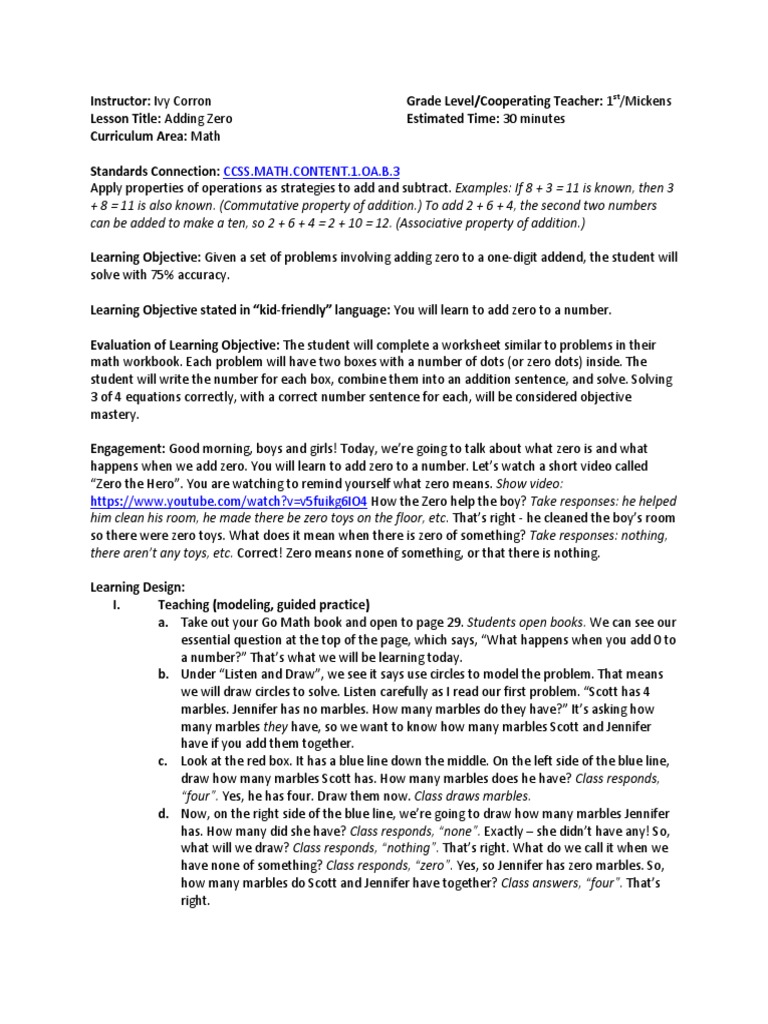 1st Grade Math: Adding Zero Lesson | PDF | Educational Psychology ...