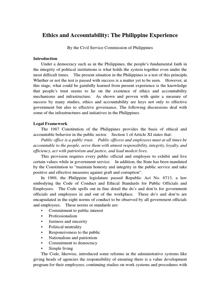 Ethics and Accountability in Philippine Governance | PDF | Integrity ...