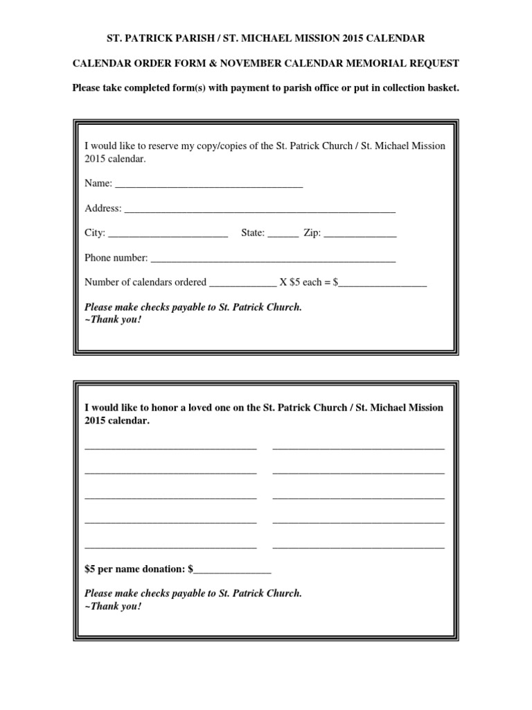 2015 St. Patrick & St. Michael Calendar Order Form | PDF | Career ...
