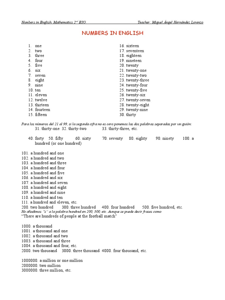 Numbers in English PDF | PDF