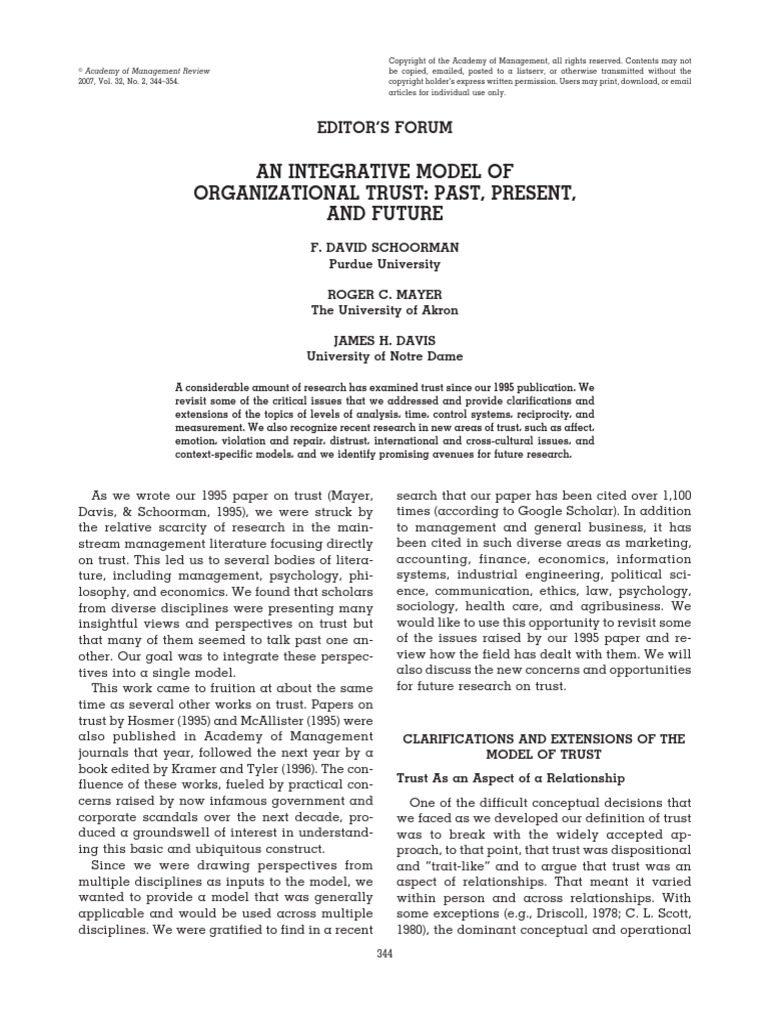 An Integrative Model of Organizational Trust - Past Present and Future ...