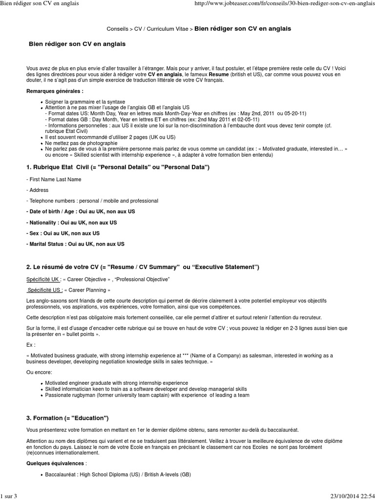 Rédiger un CV en anglais efficace | PDF | Bénévolat | Enseignement ...
