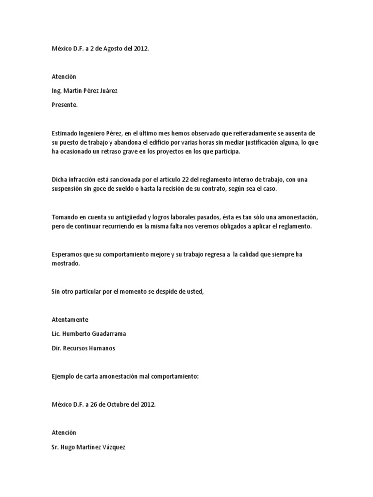 Modelo Carta Amonestacion Trabajador Por Falta Grave Compartir Carta