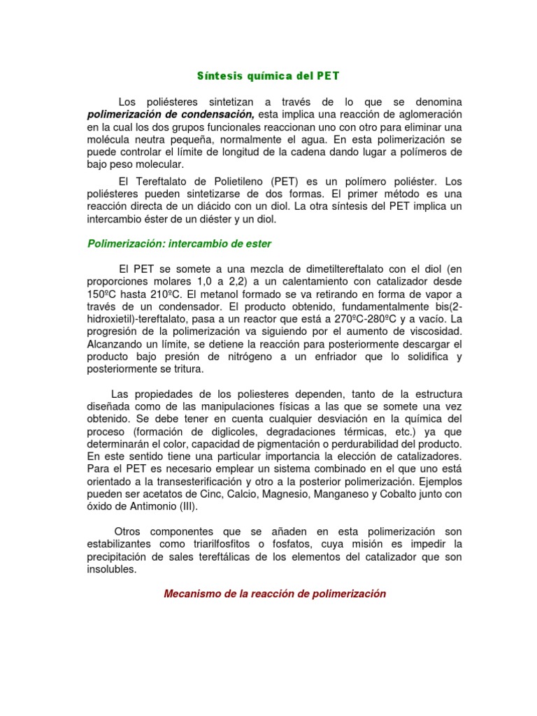 Síntesis Química Del PET | PDF | Polímeros | Catálisis