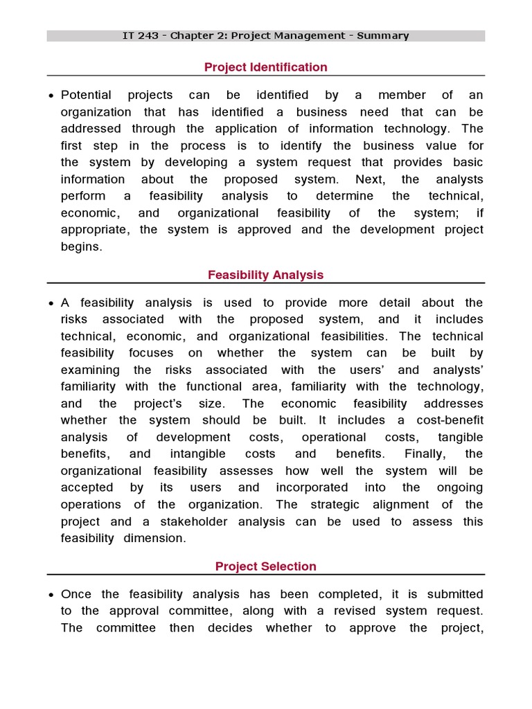 IT 243 - Chapter 2 Summary | PDF | Feasibility Study | Project Management