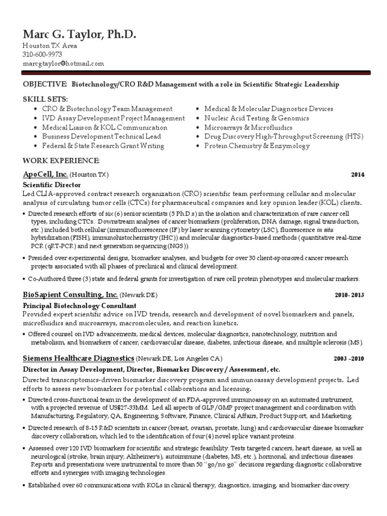 Scientific Director R & D Biotechnology in Houston TX Resume Marc ...