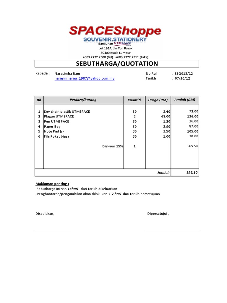 Format Quotation Contoh Sebut Harga Simple - Riset Format Quotation Contoh Sebut Harga Simple - Riset