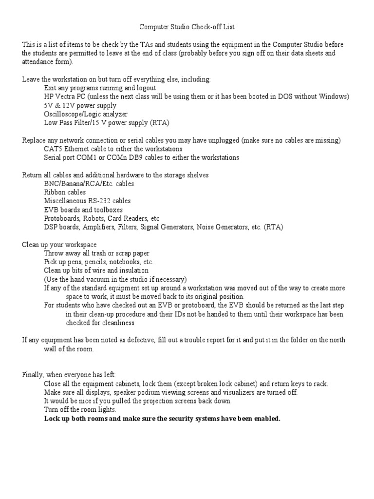 Computer Studio Equipment Check List | PDF | Personal Computers ...