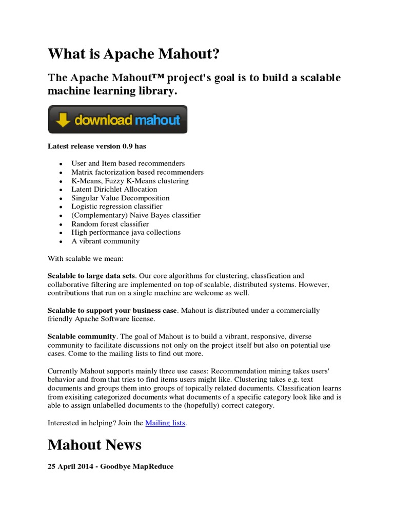 What Is Apache Mahout PDF | PDF | Statistical Classification | Cluster ...