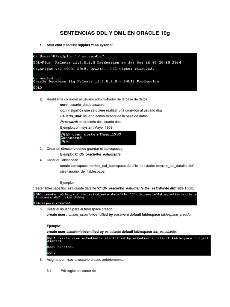SENTENCIAS DDL Y DML EN ORACLE 10g | PDF