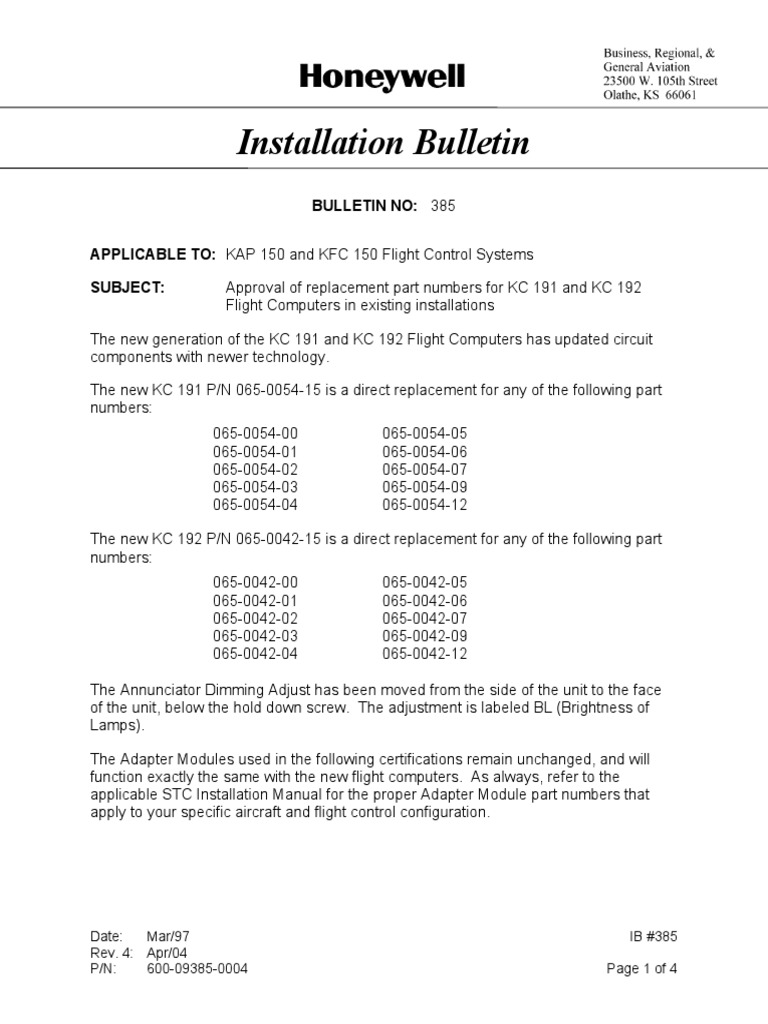 Installation Bulletin: Bulletin No: 385 APPLICABLE TO: KAP 150 and KFC ...