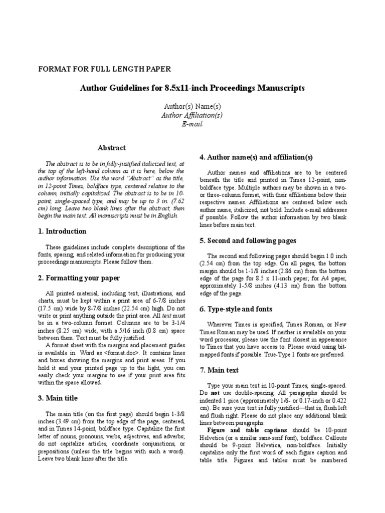 Author Guidelines For 8.5x11-Inch Proceedings Manuscripts: Format For Full Length Paper | PDF ...