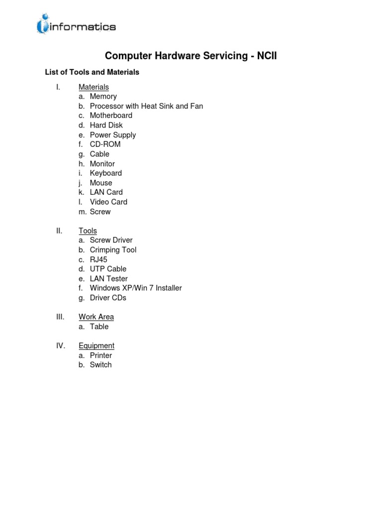 Computer Hardware Servicing Tools List | PDF