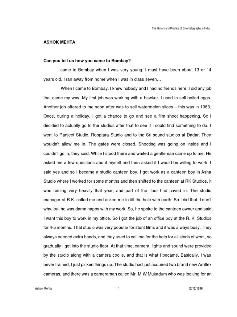 Ashok Mehta | PDF | Cinematography | Filmmaking