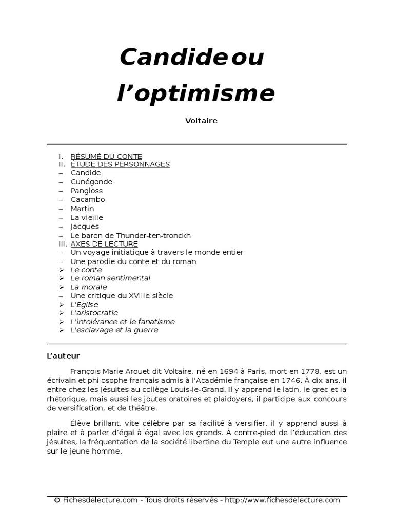 Candide (Fiche de lecture).doc | Candide | Livres à propos de l'Angleterre