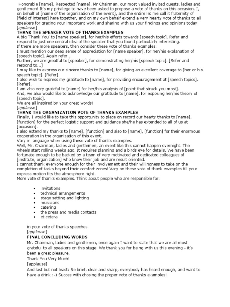 Vote of Thanks Speech Examples | PDF