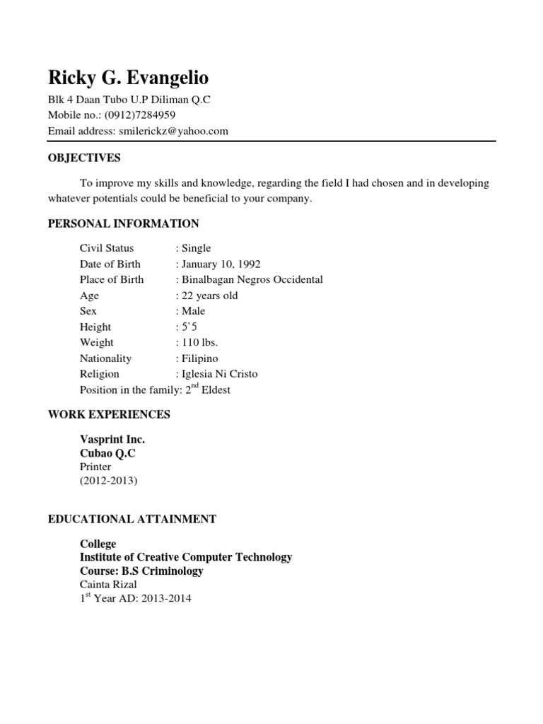 Ricky G. Evangelio Resume Overview | PDF