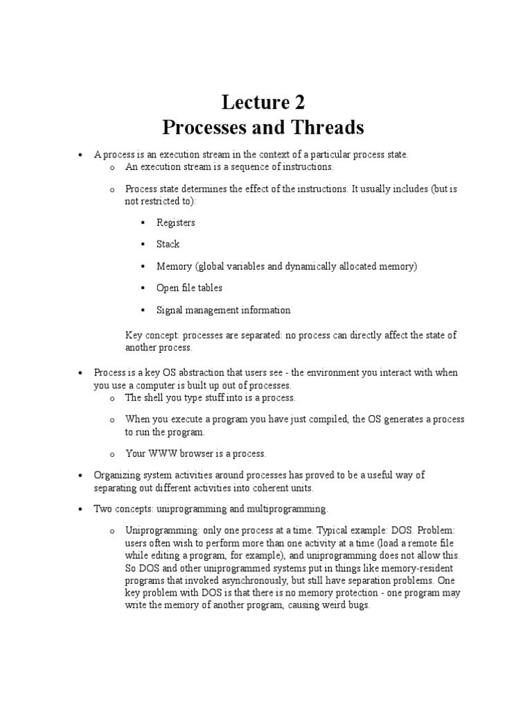 Operating Systems Lecture Notes Processes And Threads Pdf Thread Computing Process