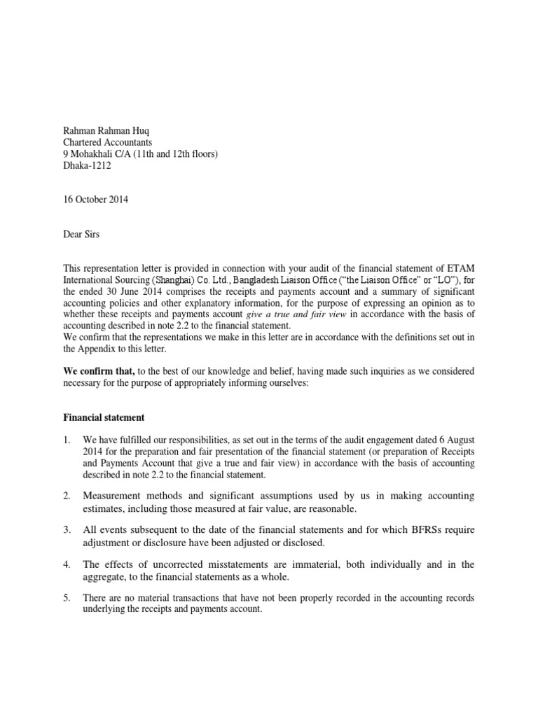Etam Representation Letter For Annual Audit 2014 | PDF | Financial ...