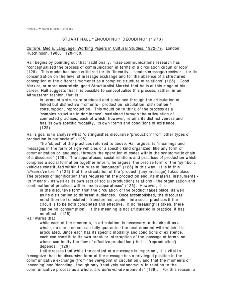 Stuart Hall, "Encoding/Decoding," in Culture, Media, Language Working ...