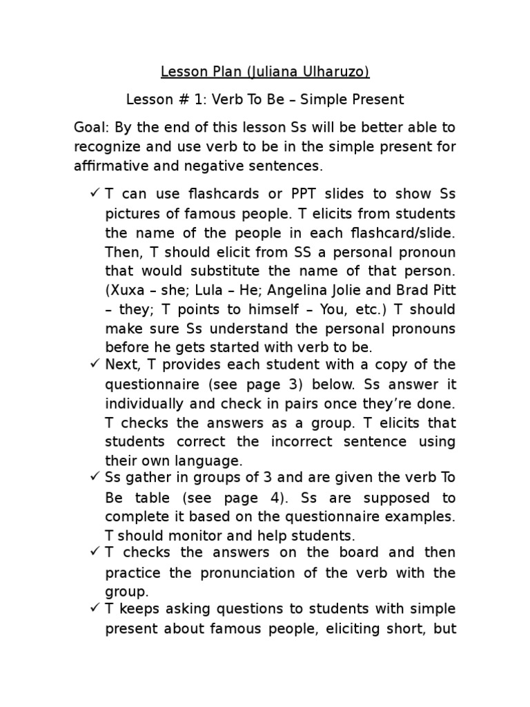 Lesson Plan - Verb To Be (Juliana Ulharuzo) | PDF | Syntax | Languages