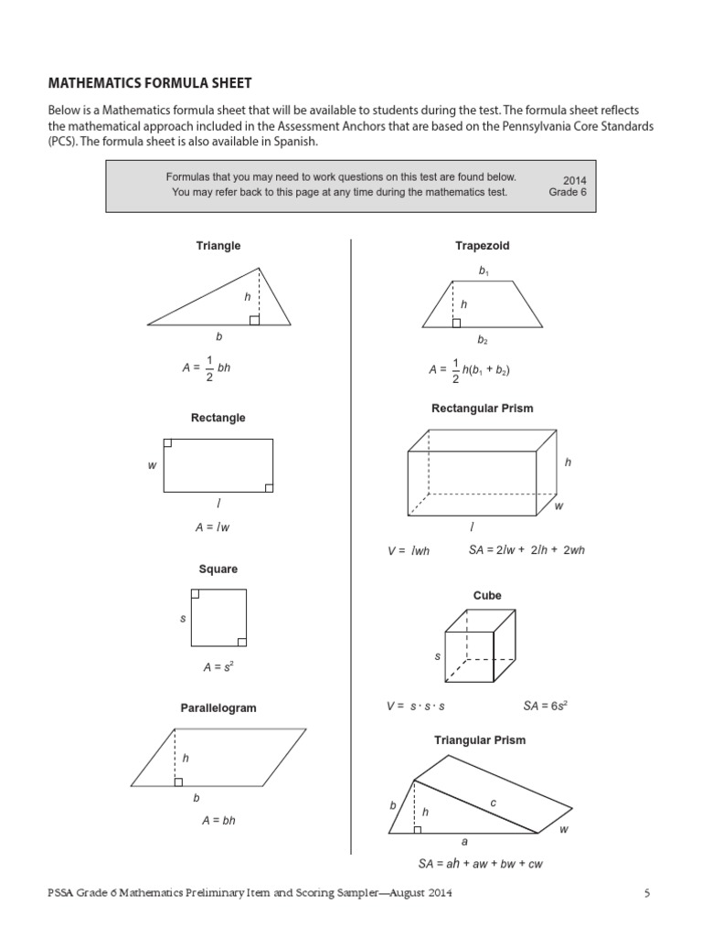 Pssa 6th Grade Formula | PDF | Rectangle | Geometry