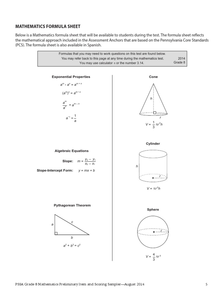Math Reference Sheet 8th Grade