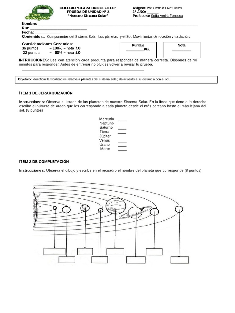 Prueba de Ciencias: Sistema Solar | PDF | Sistema solar | Objetos ...
