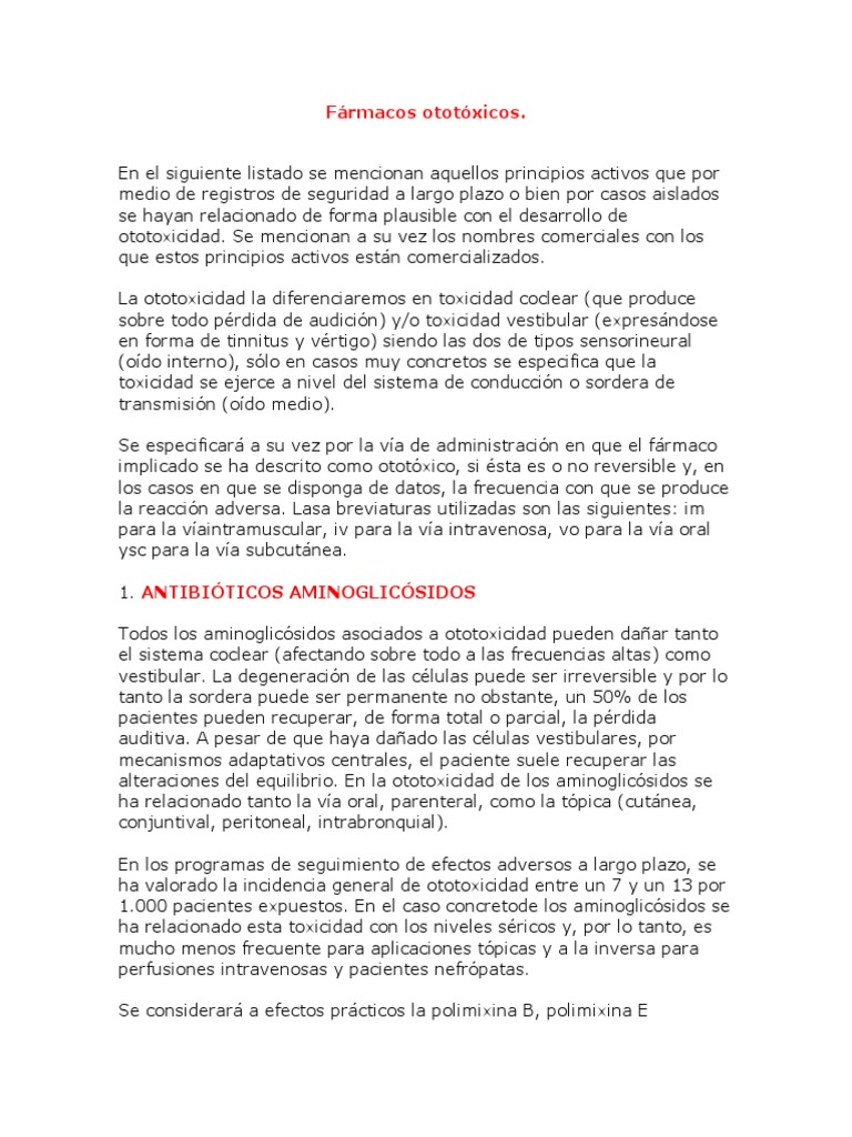 Fármacos Ototóxicos: Lista y Detalles | PDF | Drogas | Medicina CLINICA