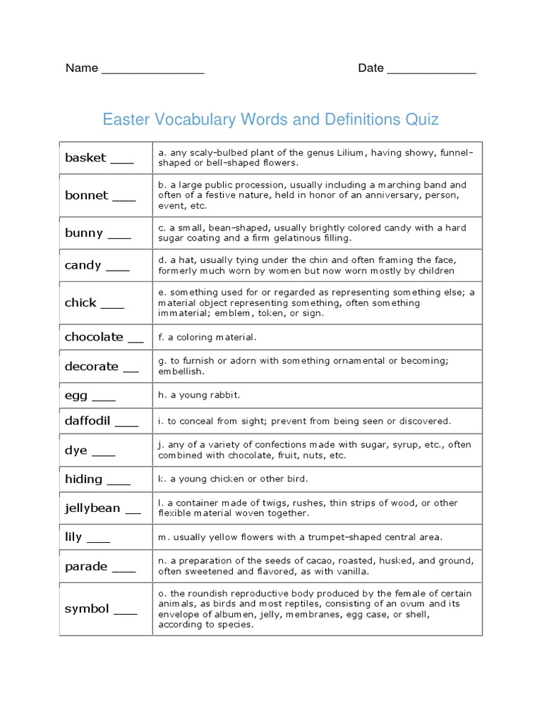Easter Vocabulary Words and Definitions Quiz: Name - Date | PDF | Home ...