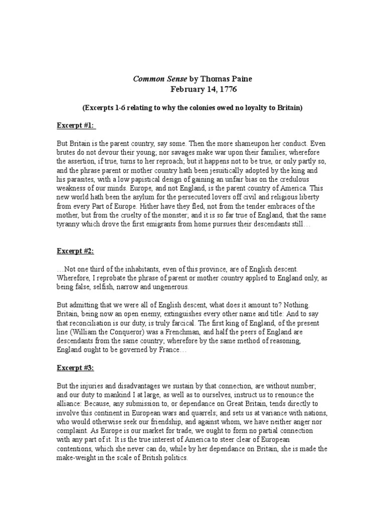 Common Sense by Thomas Paine: (Excerpts 1-6 Relating To Why The ...