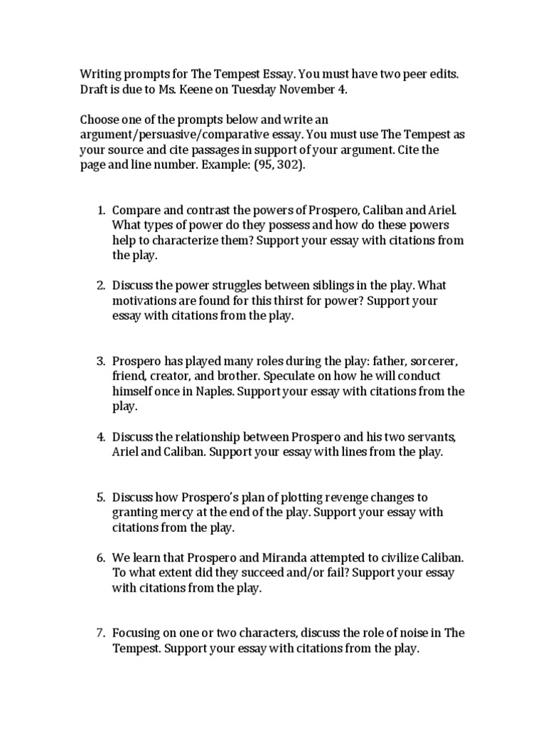 Essay Prompts for The Tempest | PDF | The Tempest