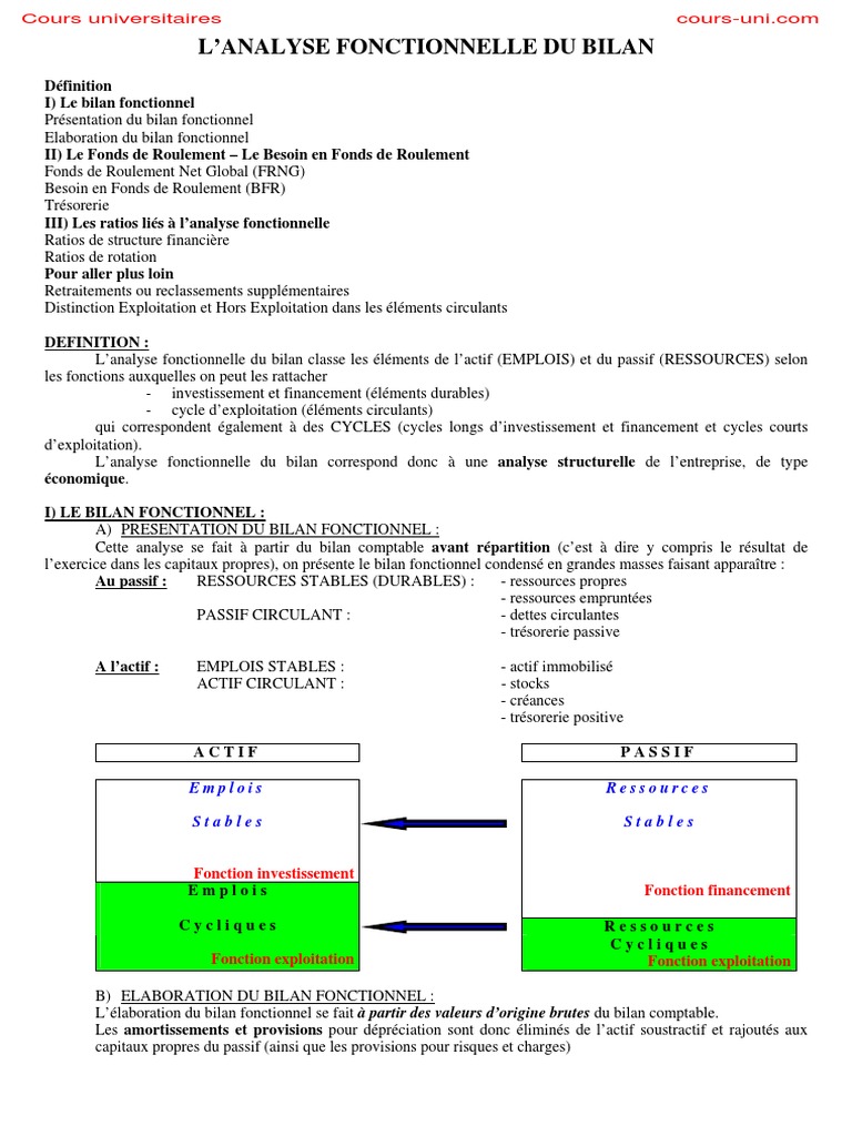 Analyse fonctionnelle du bilan comptable | PDF | Fonds de roulement ...