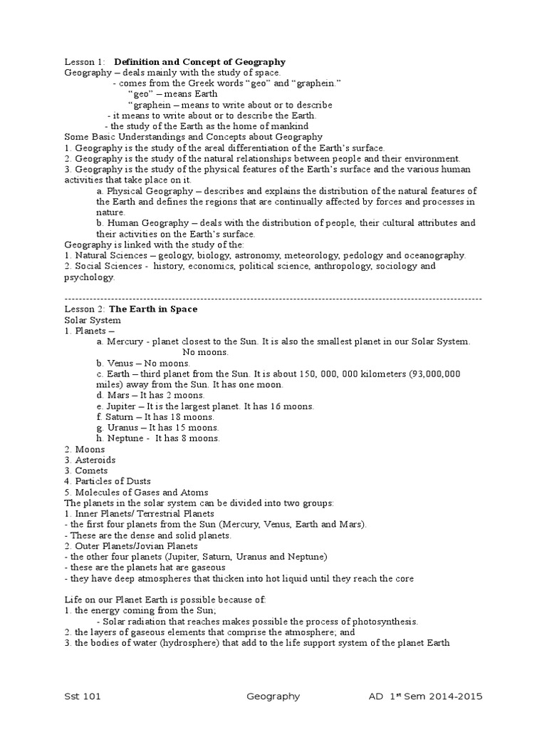 SST 101 Geography Ad 1 Sem 2014-2015 | PDF | Geography | Earth
