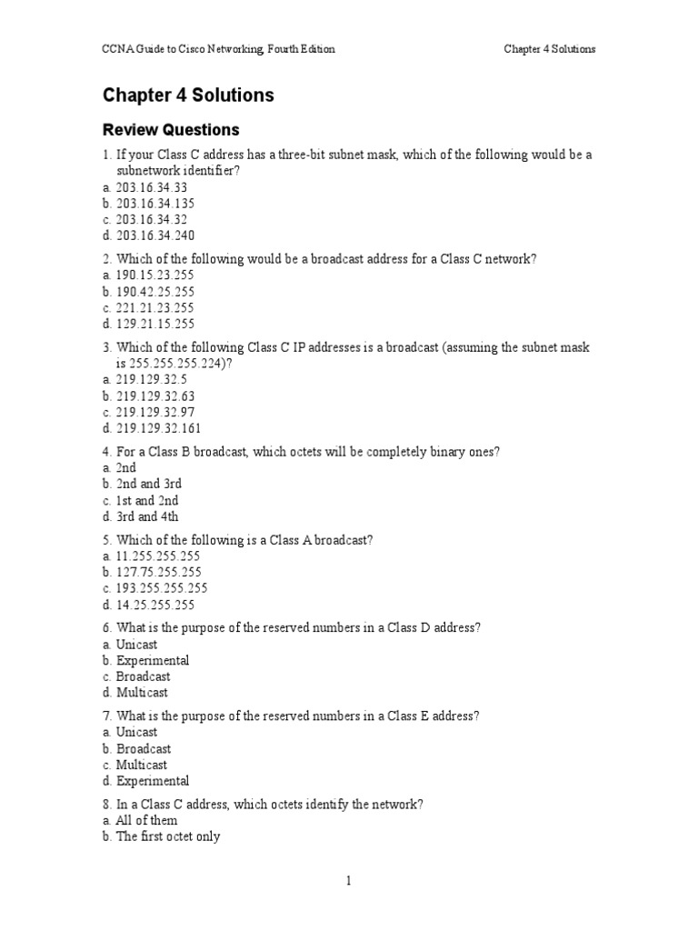CCNA Guide To Networking - Ch4 - Quiz Solutions | PDF | Ip Address | Data Transmission