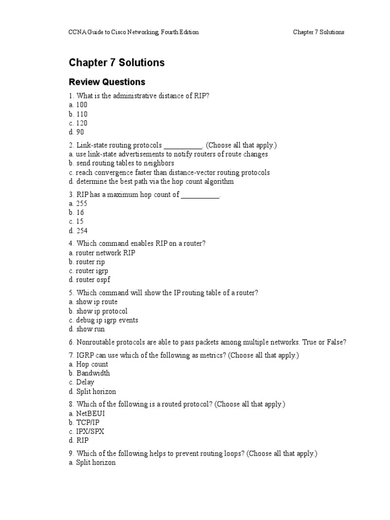 CCNA Guide To Networking - Ch7 - Quiz Solutions | PDF | Routing | Router (Computing)