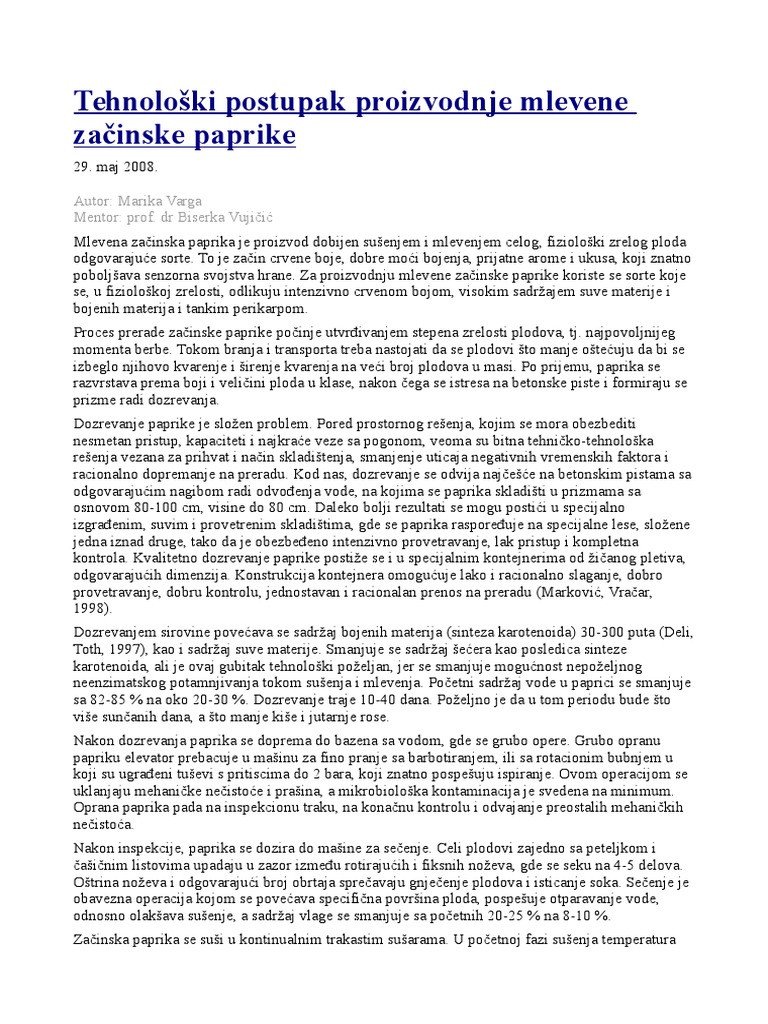 Tehnoloski Postupak Proizvodnje Mlevene Zacinske Paprike | PDF