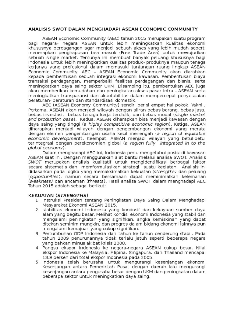 Analisis Swot Indonesia Menghadapi Asean Economic Community | PDF