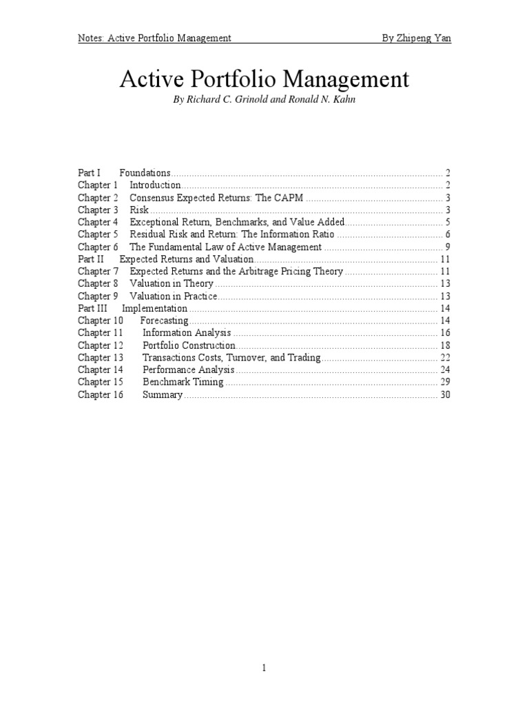 Active Portfolio Management Pdf Beta Finance Capital Asset