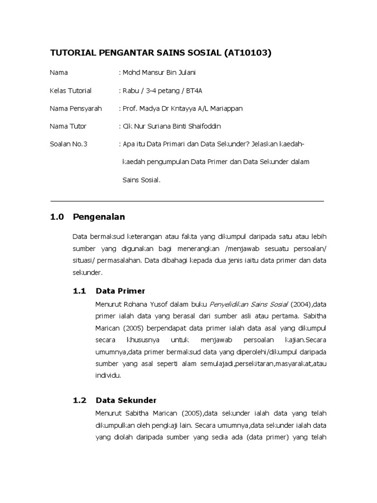 Kaedah Pengumpulan Data Primer & Data Sekunder | PDF