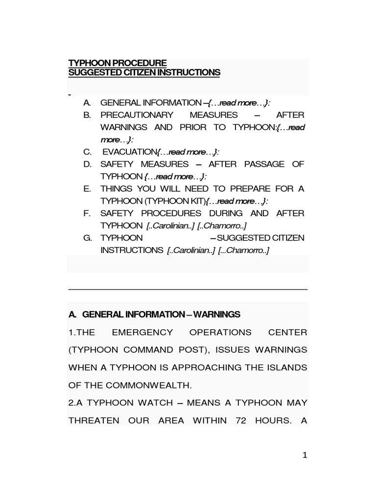 Typhoon Procedure | PDF | Housekeeping | First Aid
