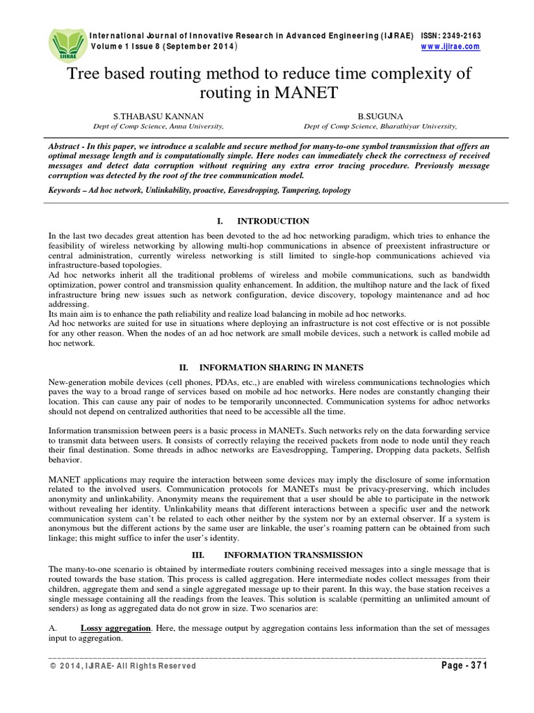 Ijirae Tree Based Routing Method To Reduce Time Complexity Of Routing In Manet Pdf Routing 