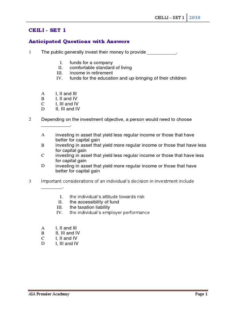 CEILI Exam Sample Questions 2010 | PDF | Life Insurance | Insurance