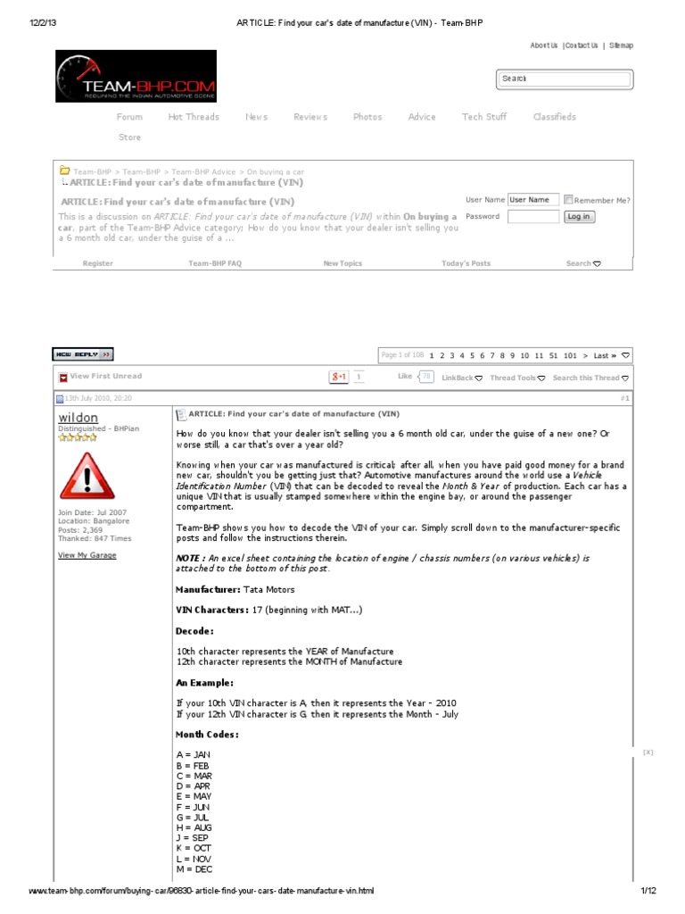 ARTICLE - Find Your Car's Date of Manufacture (VIN) - Team-BHP | PDF | Internet Forum | Volkswagen